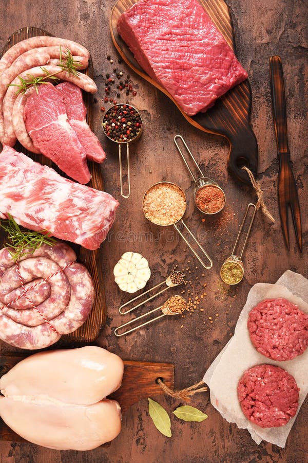 Fresh Raw Meat and Spices. Barbecue Set. View from Above. Stock Photo ...