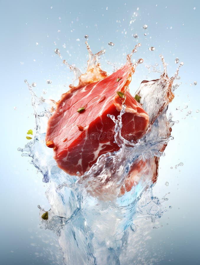 Fresh Raw Meat in Water Splash on Blue Background. 3d Rendering Stock ...
