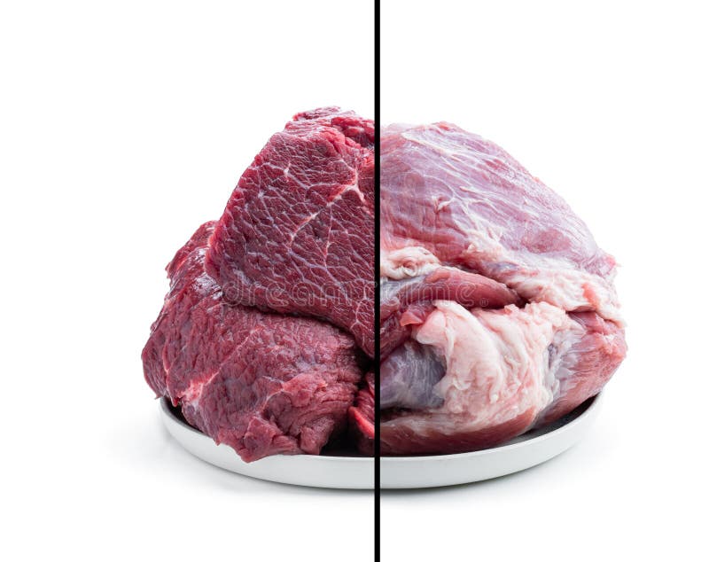 Fresh Raw Meet Split in Half. Tough Choice Beef and Pork Concept Stock ...