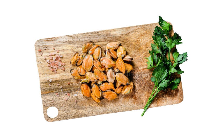 Fresh Raw Mussel Meat Isolated on White Background. Top View. Stock ...