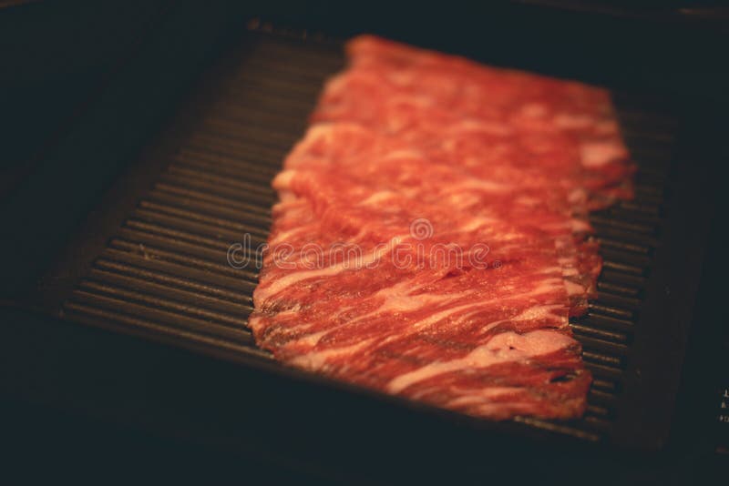 Fresh Raw Pork Beef Slice for Grill Serving on Black Tray Stock Photo ...