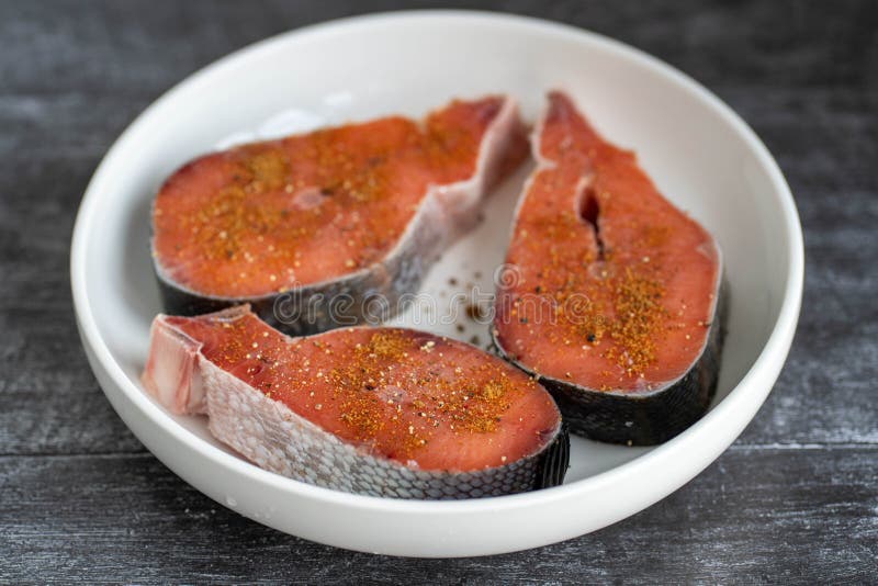 Fresh Raw Red Fish Steaks on White Plate Stock Image - Image of gourmet ...