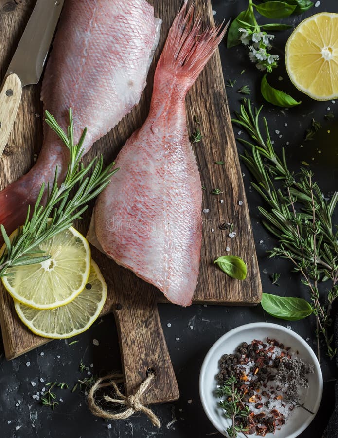 Fresh Raw Ruby Snapper, Herbs and Spices on a Dark Background. Stock ...