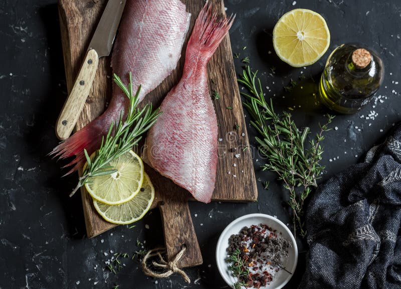Fresh Raw Ruby Snapper Herbs Spices Dark Background Stock Photos - Free ...