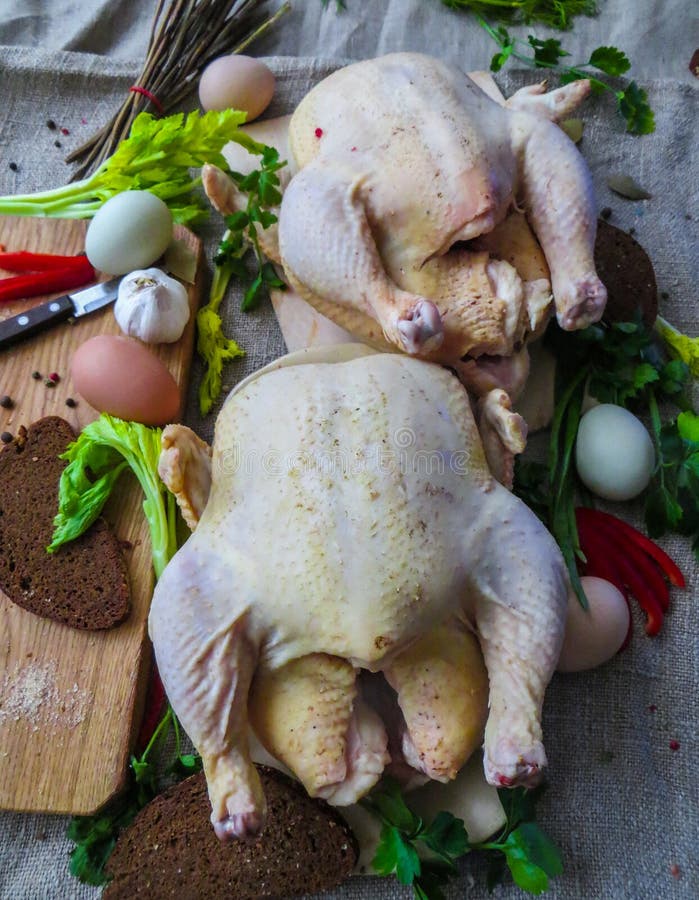 Fresh ,raw,rustic Organic Chickens Prepared for Baking in the Oven ...