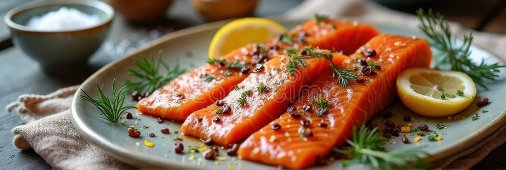 Fresh Raw Salmon Fillets with Lemon and Herbs on Plate Stock Image ...