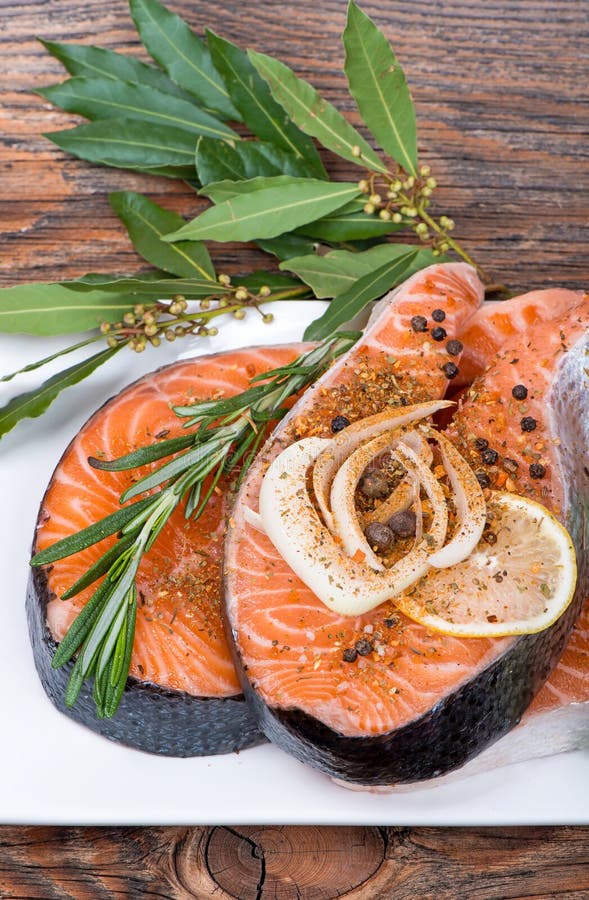 Fresh Raw Salmon Red Fish Steak with Herbs, Spices Stock Photo - Image ...
