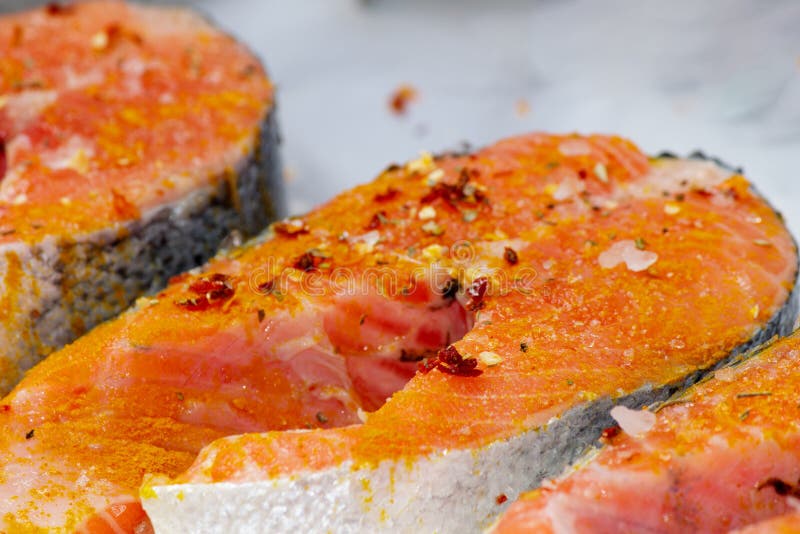 Fresh Raw Salmon , Trout, Steak. Slice of Fresh Raw Fish with Spices ...