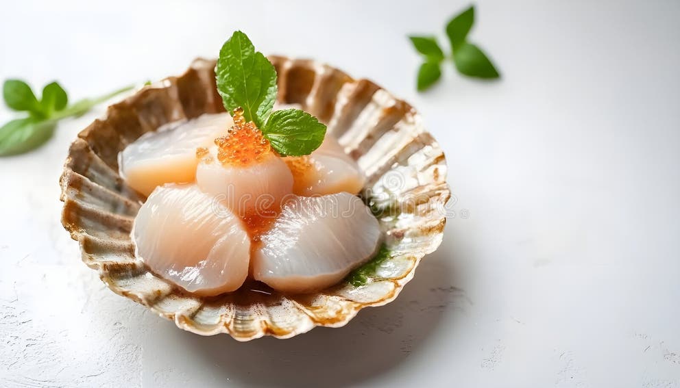 Fresh Raw Scallop in Shell Isolated on White, Top View Stock Photo ...