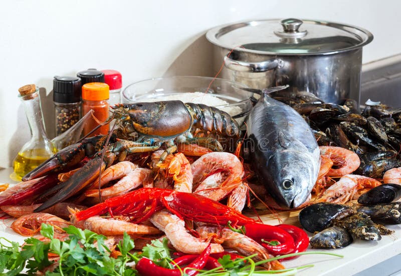 Raw Seafoods and Fish Ready for Cooking Stock Photo - Image of fresh ...