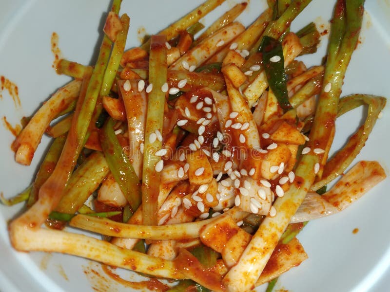Fresh and Raw Spicy Spring Onion Kimchi Stock Photo - Image of onion ...