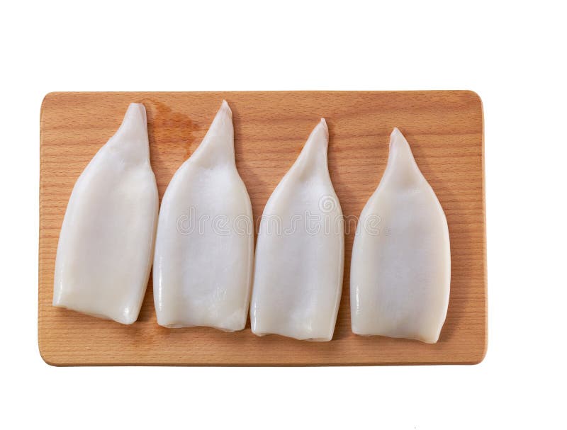 Fresh Body Squids on Cutting Board Isolated on a White Background. Top ...