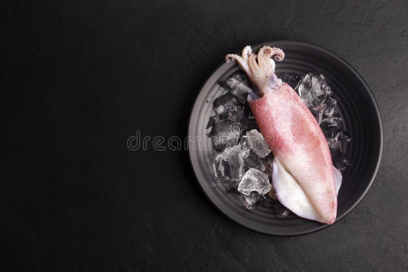 Fresh Raw Squid Natural Seafood Raw Squid on a Black Plate with Ice Top ...