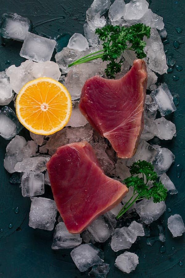 Fresh, Raw Steak, Tuna Fish, on Ice, Top View, Close-up, Stock Photo ...