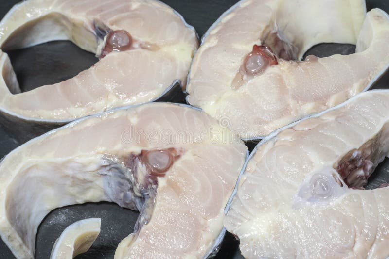 Fresh Raw Sturgeon Steaks. Expensive Seafood and White Fish Stock Photo ...
