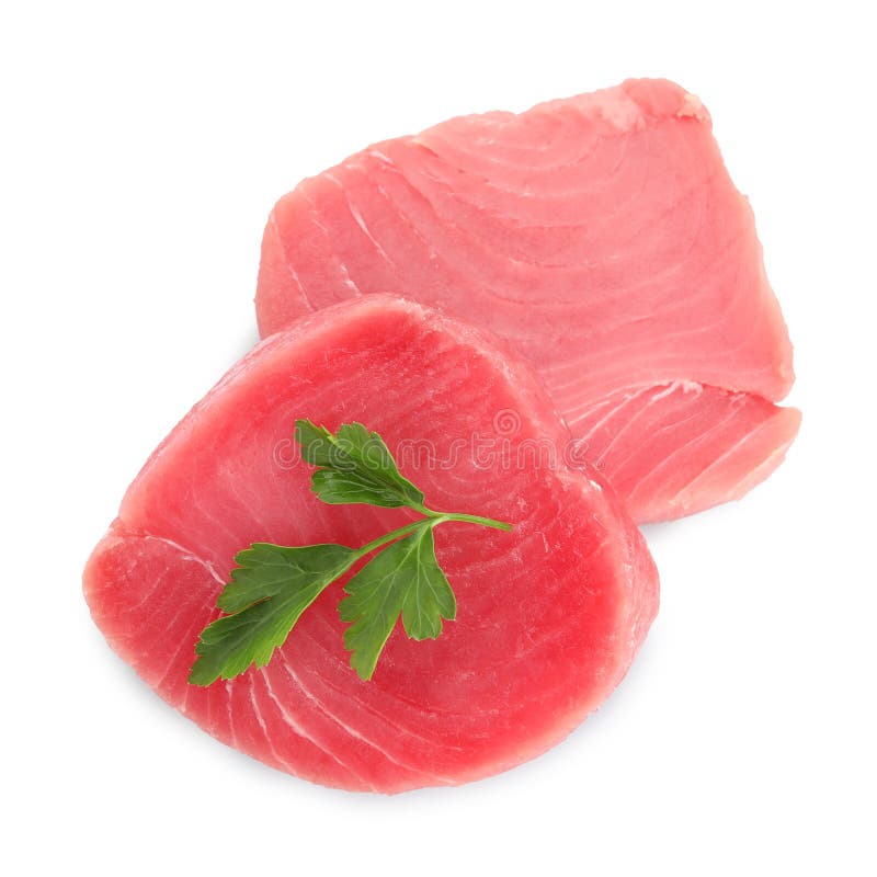 Raw Tuna Fillets with Salt, Rosemary and Lime Wedge on White Background ...