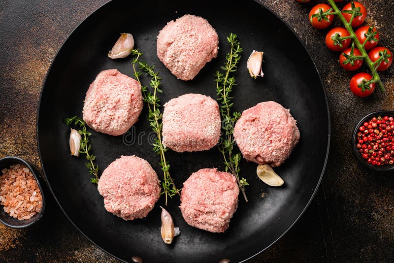 Fresh Raw Turkey Meatballs, on Old Dark Rustic Table Background, Top ...