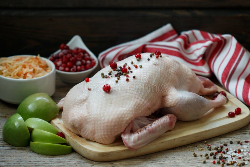 Fresh Raw Whole Duck Ready for Cooking with Apples, Cranberries and ...