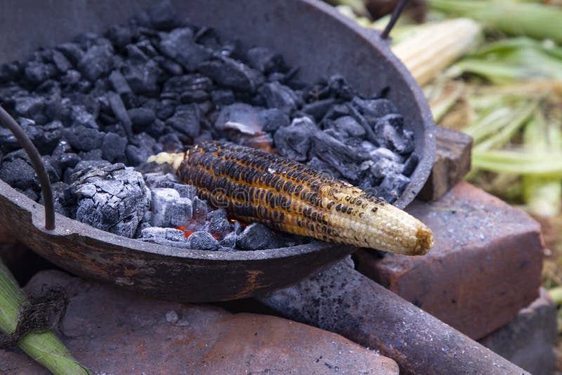 Fresh Raw Yellow Corn Roasted on Fire from Black Carbons Stock Image ...