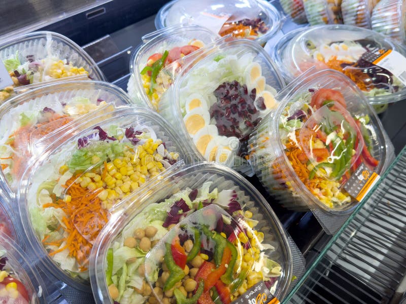 Fresh Ready-to-eat Salad Bowls with Vegetables and Eggs in Grocery ...
