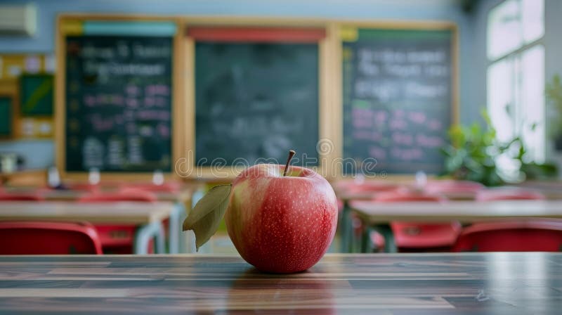 Fresh Red Apple on Classroom Desk with Blackboard and Chairs in ...