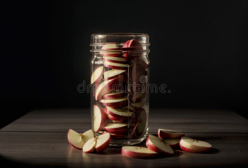 Fresh Red Apple is Sliced and Placed in Glass Jar on Surface with ...