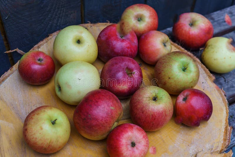 Apples in a Circle and in the Middle an Apple on a Wooden Table Stock ...