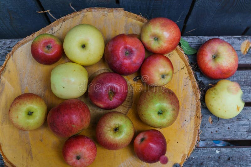 Apples in a Circle and in the Middle an Apple on a Wooden Table Stock ...