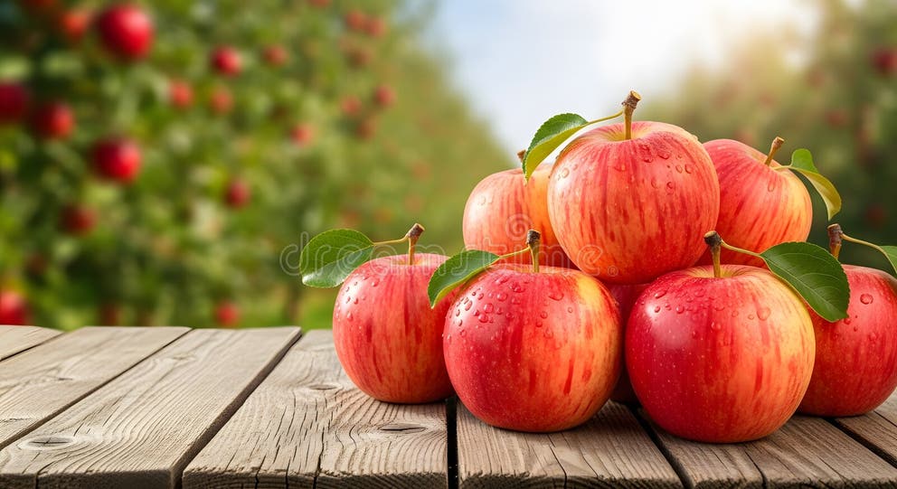 Fresh Red Apples Pyramid on Rustic Table with Orchard Background Stock ...