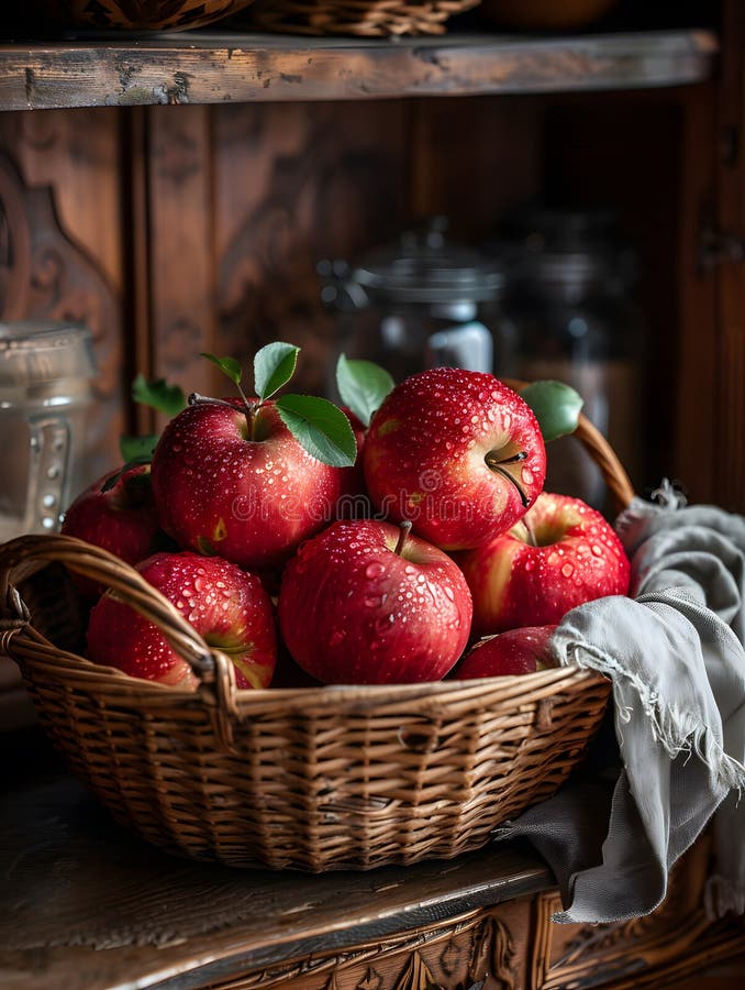 Fresh Red Apples in a Rustic Wicker Basket on Wooden Shelf Stock Photo ...
