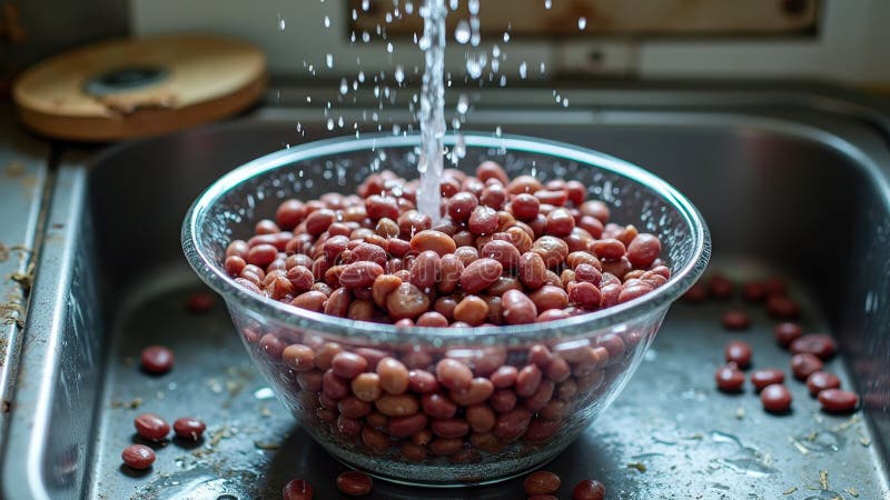 Fresh Red Beans Rinsing in Glass Bowl with Running Water in Kitchen ...