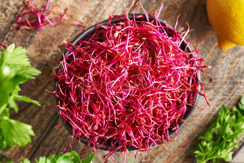 Fresh Red Beet Microgreens or Sprouts in a Black Bowl on a Table Stock ...