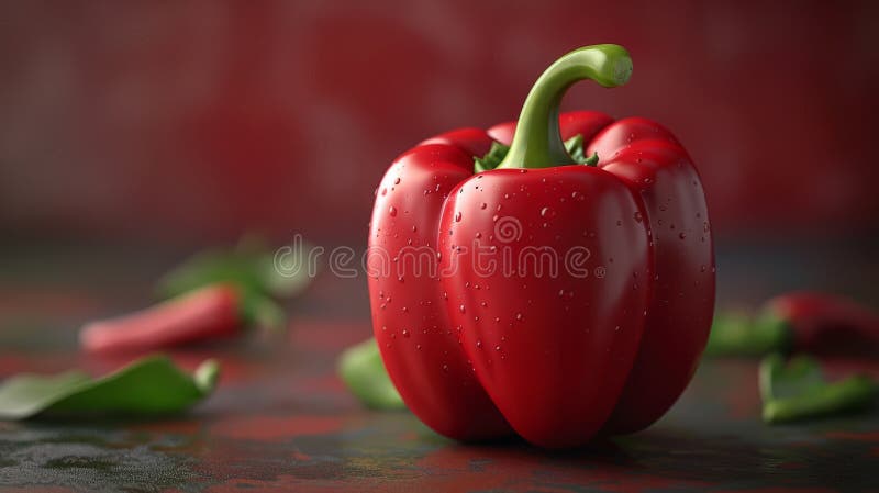 Fresh Red Bell Pepper Displayed with Green Leaves on a Rustic Surface ...