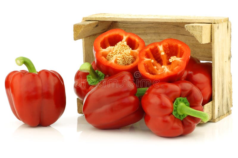 Fresh Red Bell Peppers (capsicum) in a Wooden Box Stock Photo - Image ...