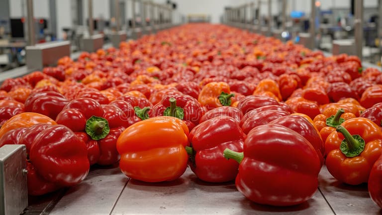 Fresh Red Bell Peppers Moving on Conveyor Belt in Processing Facility ...