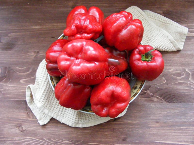 Fresh Red Bell Pepper on Wooden Table. Stock Photo - Image of diet ...