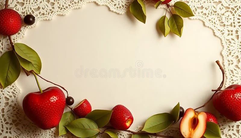 Fresh Red Berries Frame a Blank Canvas with Lace Stock Illustration ...
