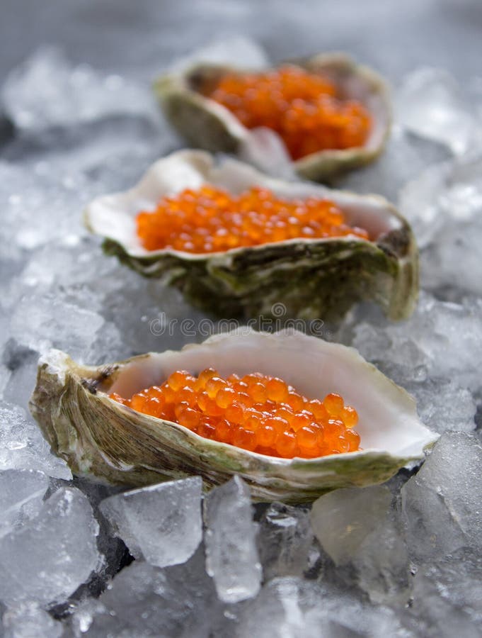 Fresh Red Caviar in the Three Oyster Shells on Ice Stock Image - Image ...