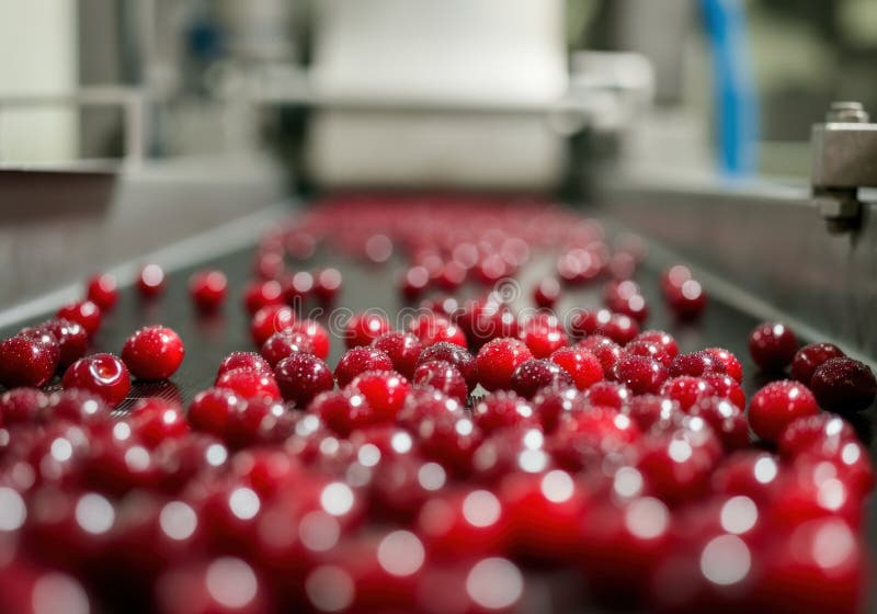Fresh Red Cherries on a Conveyor Belt in a Processing Facility Stock ...
