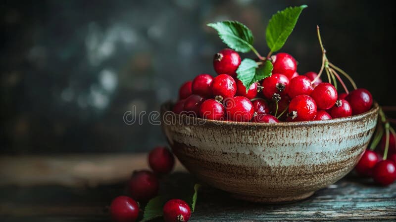 Fresh Red Cherries in a Rustic Ceramic Bowl Stock Image - Image of ...