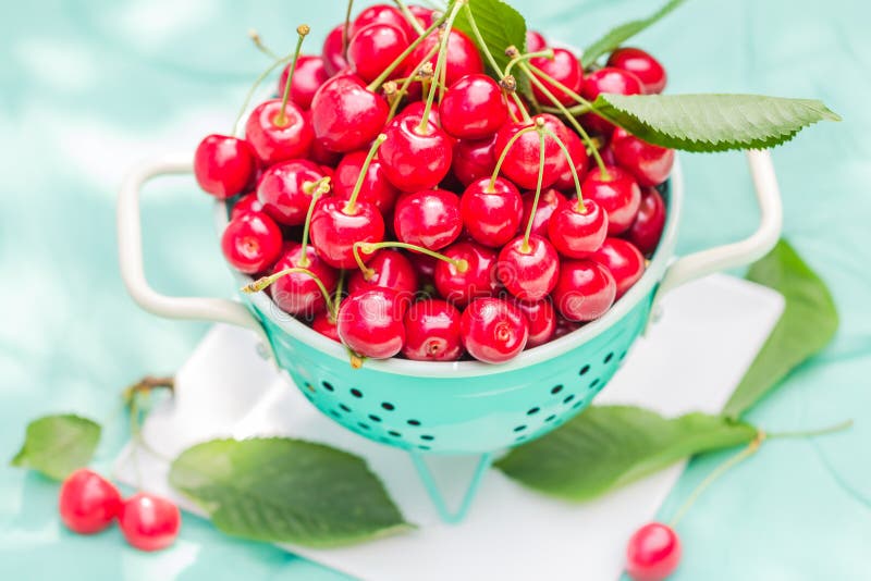Fresh Red Cherry Fruit Green Colander Stock Image - Image of cherry ...