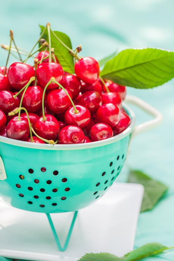 Fresh Red Cherry Fruit Green Colander Stock Image - Image of fresh ...