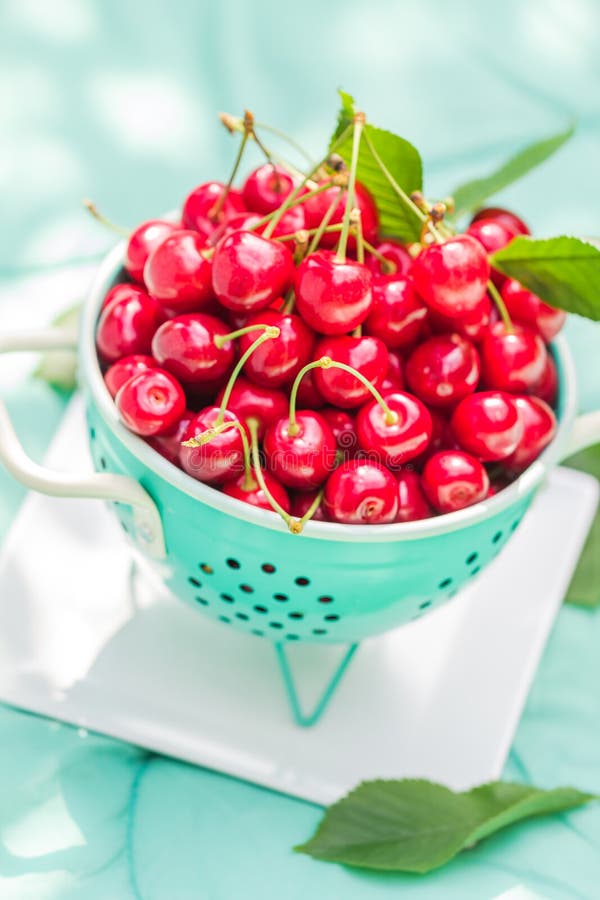 Fresh Red Cherry Fruit Green Colander Stock Photo - Image of organic ...