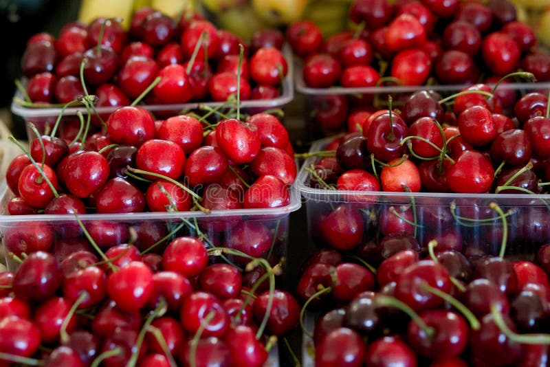 Fresh Red Cherry in the Plastic Box Ready for Sell in the Fruit Market ...