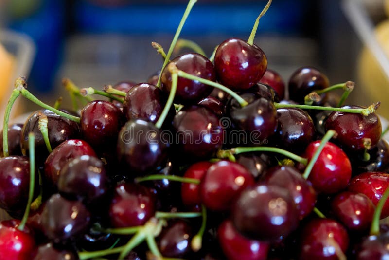 Fresh Red Cherry in the Plastic Box Ready for Sell in the Fruit Market ...