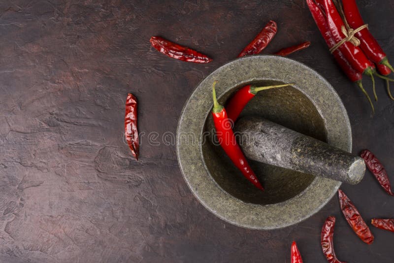 Fresh Red Chili and Dried Chili in a Stone Mortar with Copy Space, Top ...