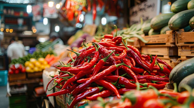 Fresh Red Chili Peppers Stacked in a Vibrant Market Setting Stock ...