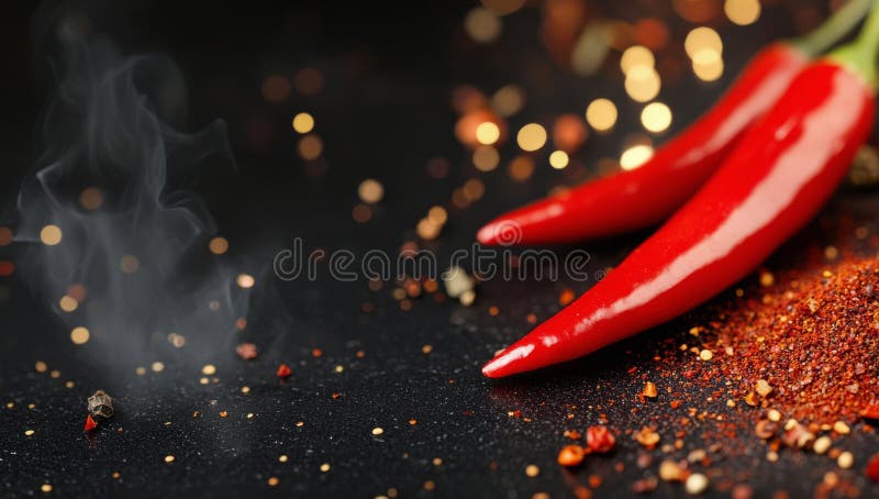 Fresh Red Chilies with Assorted Spices on a Dark Rustic Background ...