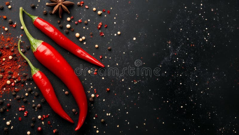 Fresh Red Chilies with Assorted Spices on a Dark Rustic Background ...