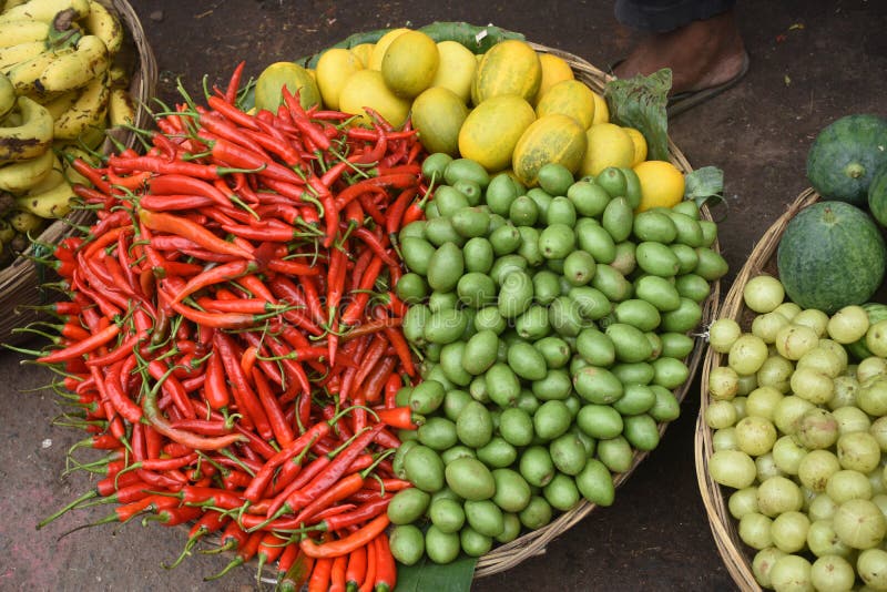 Fresh Red Chilli and Lemon Selling in daily Market . Vegetable Market ...